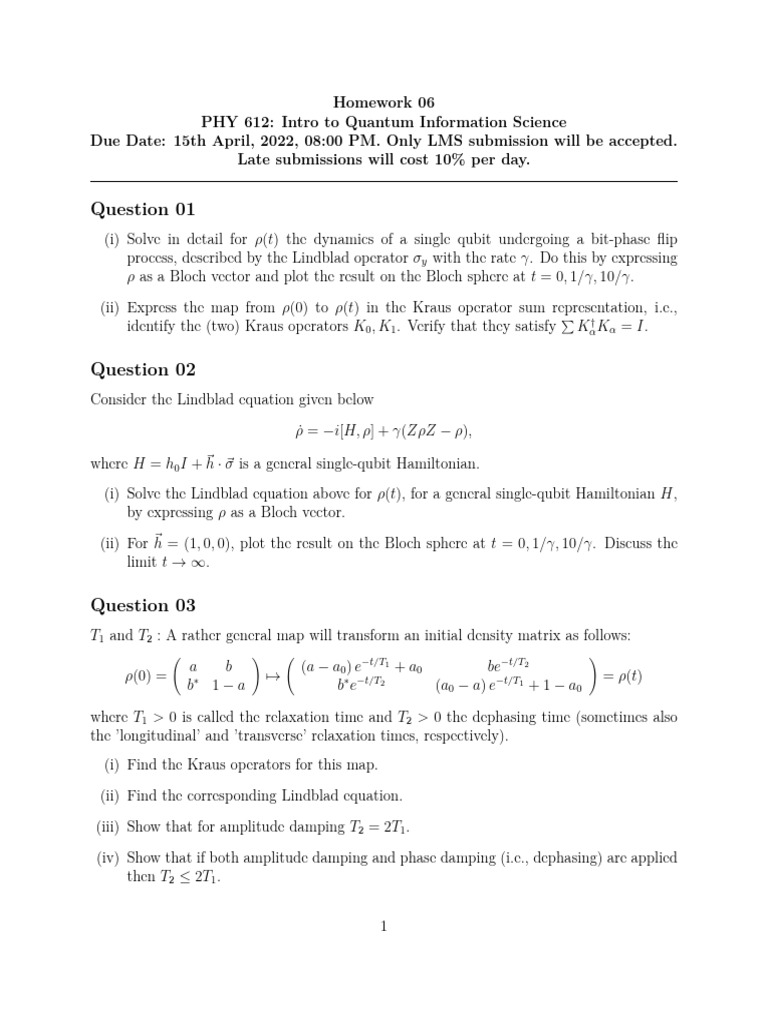 Quantum Information Homework 06 | PDF