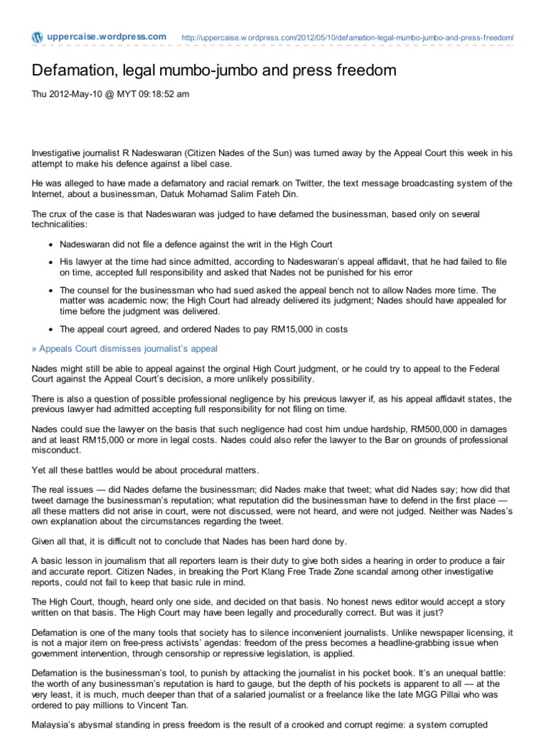 Defamation, Legal Mumbo-Jumbo and Press Freedom | PDF