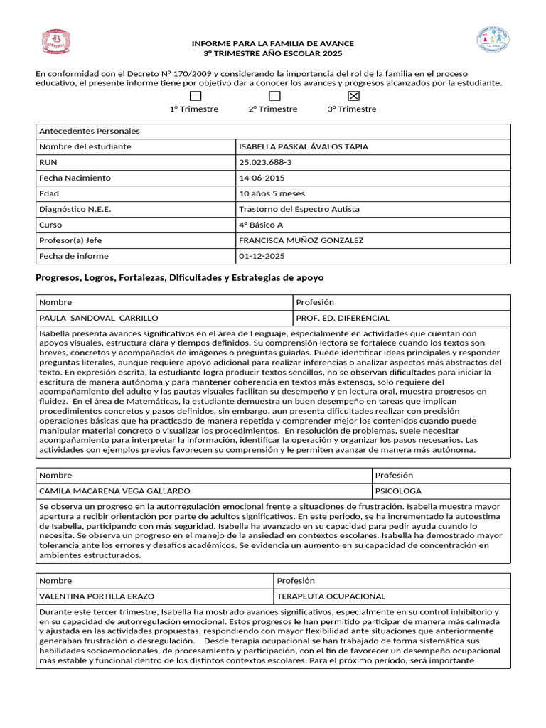 Informe para La Familia de Avance 3° Trimestre ISABELLA ÁVALOS TAPIA 4 ...