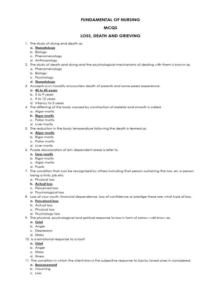 Nursing MCQs on Loss and Grieving | PDF | Grief | Mental Health