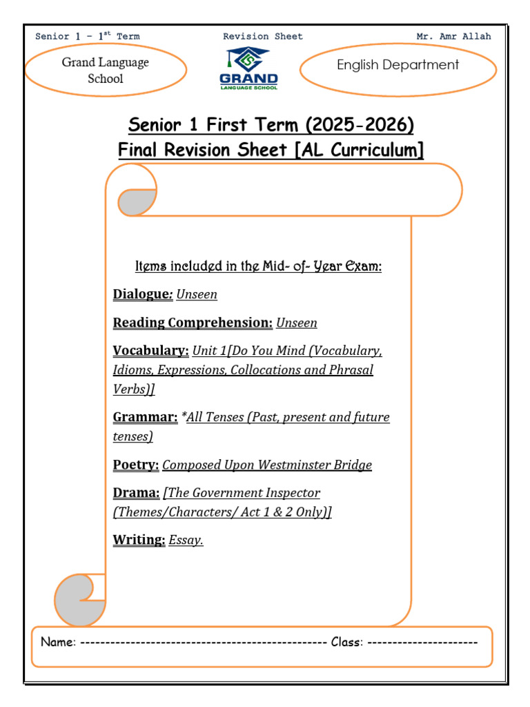 Senior 1 English Revision Sheet 2025-2026 | PDF | Grammatical Tense