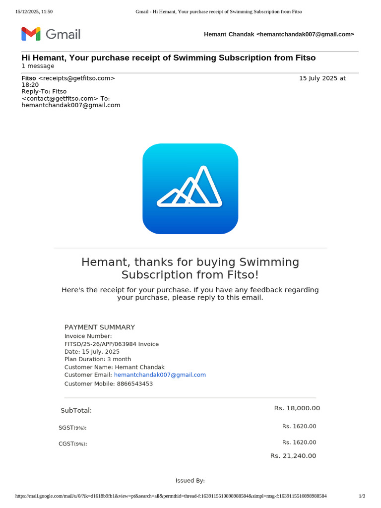 Fitso Swimming Subscription | PDF | Receipt | Accounting