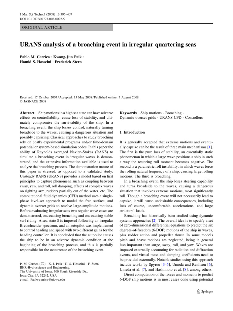URANS Analysis of A Broaching Event in Irregular Quartering Seas | PDF ...