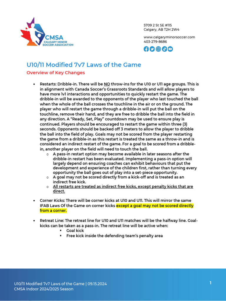 CMSA 7v7 Modified Laws For U10 and U11 | PDF | Association Football ...