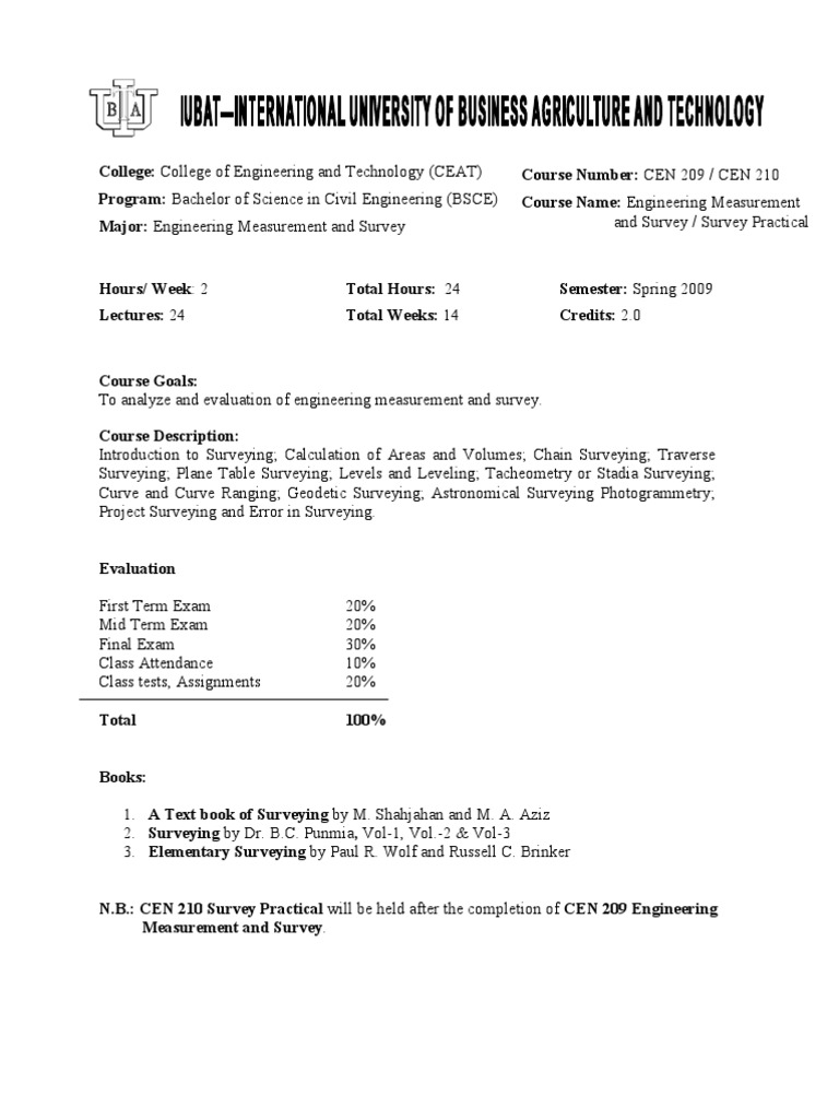 Course Outline CEN 209 | PDF | Surveying | Academic Term
