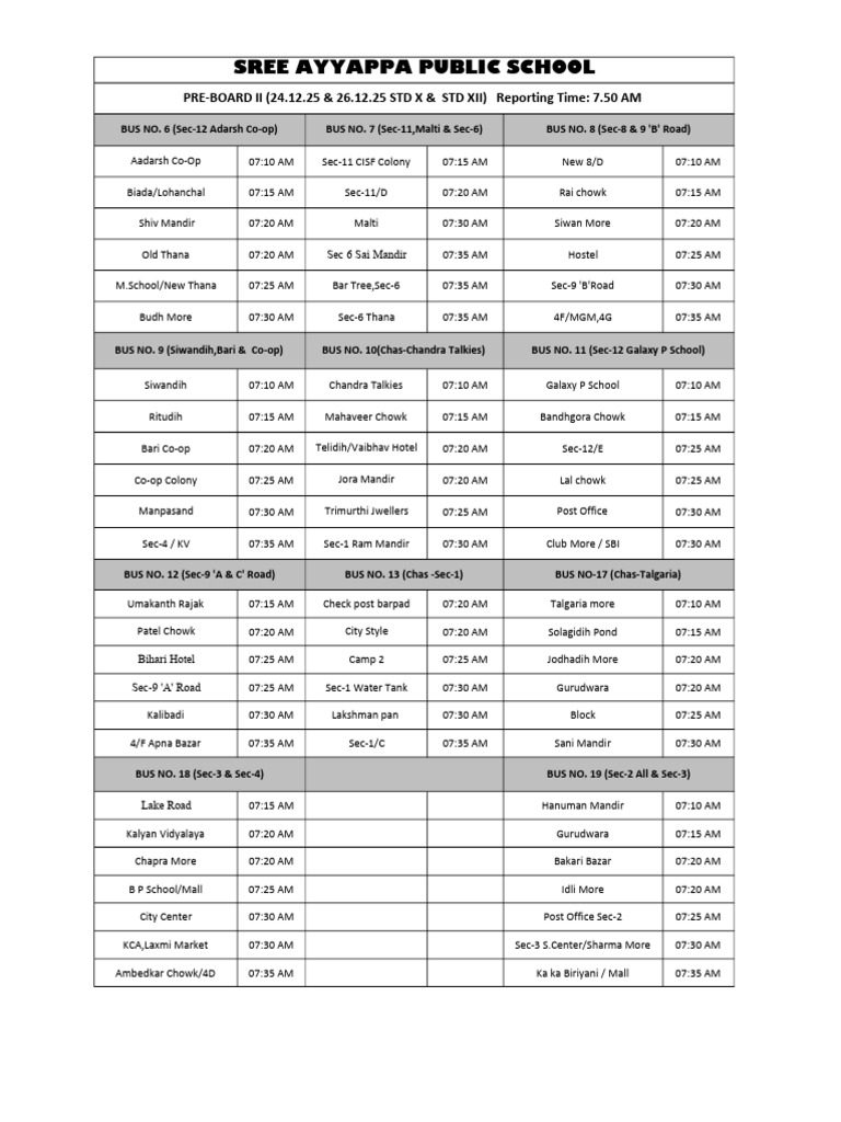 SREE AYYAPPA SCHOOL Pre-Board Bus Schedule | PDF