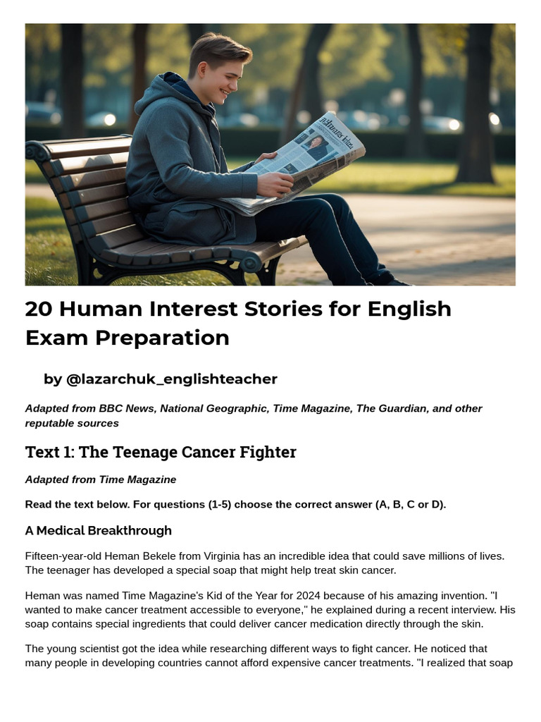 20 Human Interest Stories for English Exam Preparation (1) | PDF ...