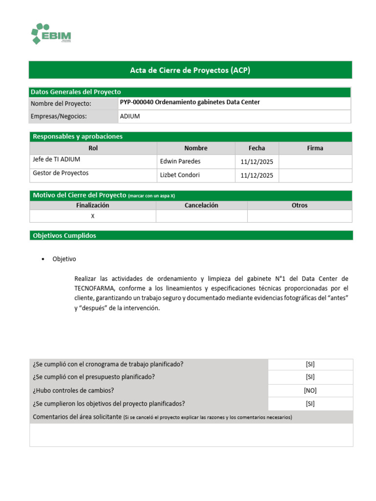Acta de Cierre - PYP-000040 Ordenamiento Gabinetes Data Center - ADIUM ...