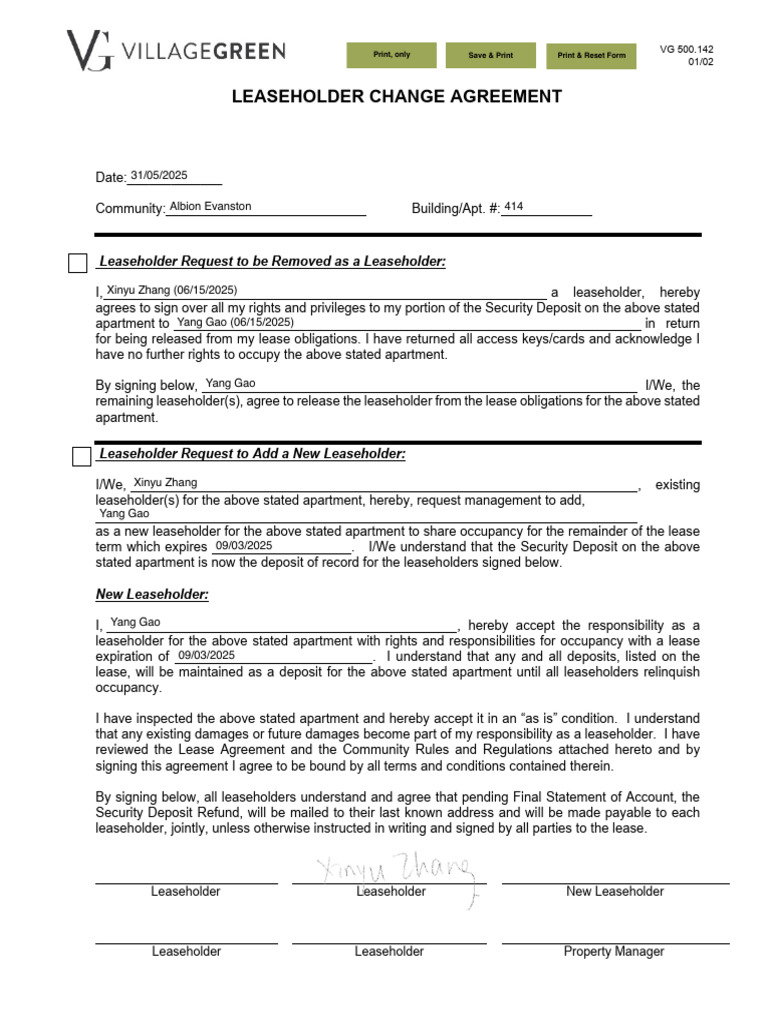 VG 500.142 Leaseholder Change Agreement | PDF | Leasehold Estate | Lease