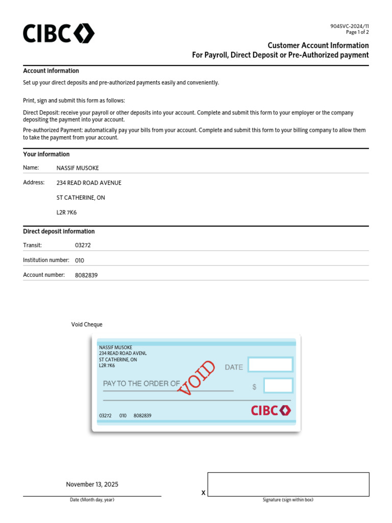 CIBC Void Cheque - Direct Deposit Form 2 | PDF | Payments | Cheque