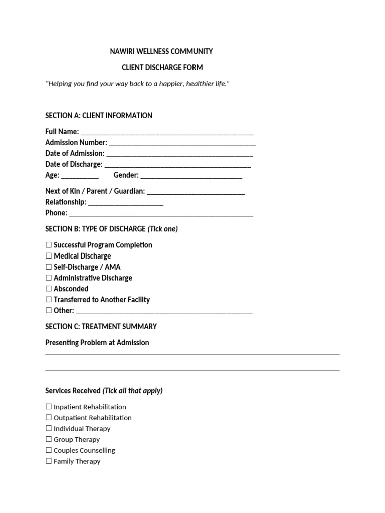 NWC. Discharge | PDF | Patient | Psychiatry