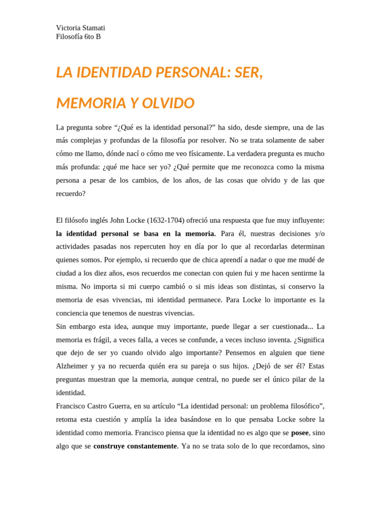 Identidad Personal Stamati | PDF | Memoria | John Locke