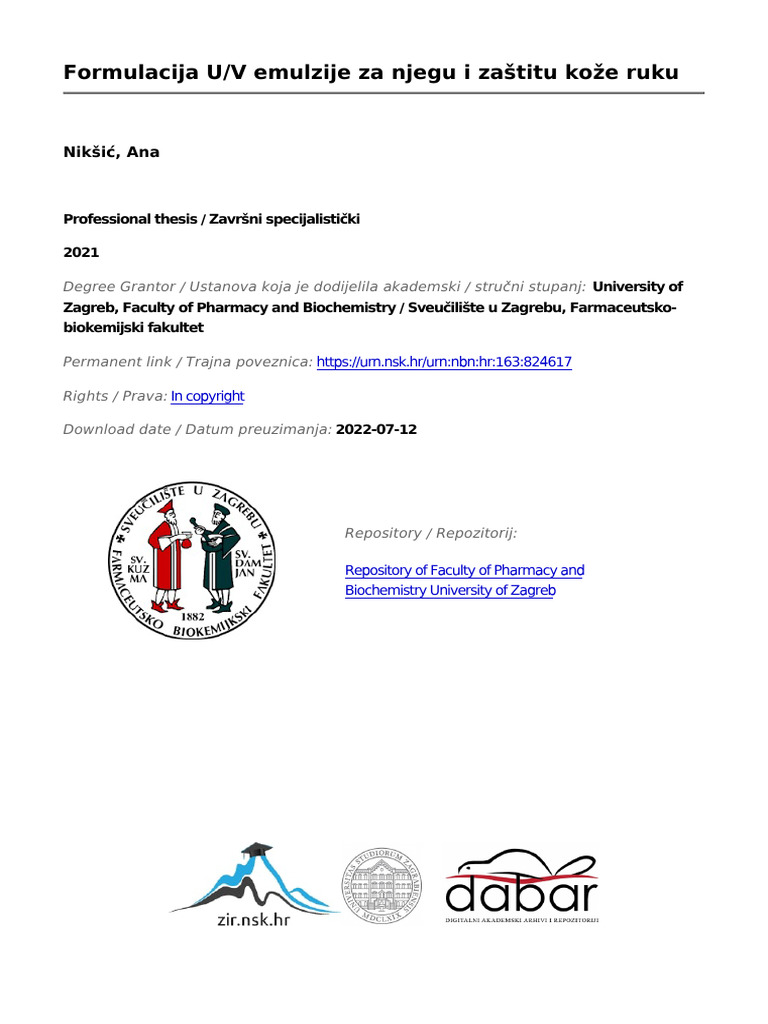 Formulacija U-V Emulzije Za Njegu i Zaštitu Kože Ruku | PDF