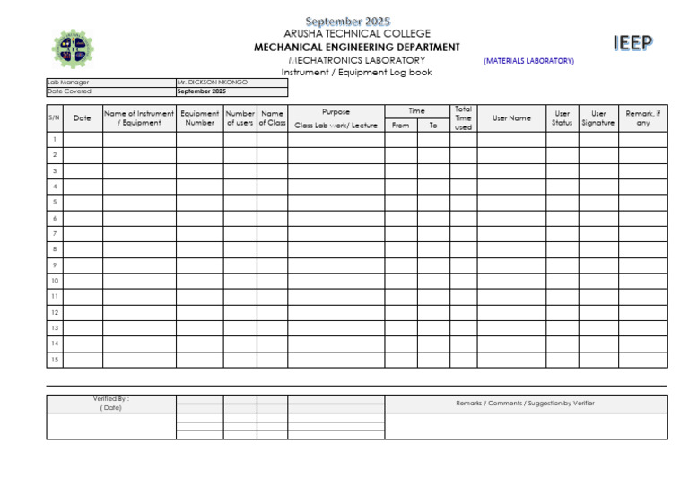 1 - (2025) IEEP Equipment Usage Logbook (Metrology Workshop - Materials ...