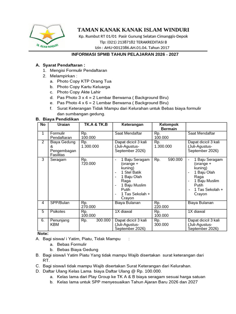 Pendaftaran Taman Kanak-Kanak Winduri 2026 | PDF
