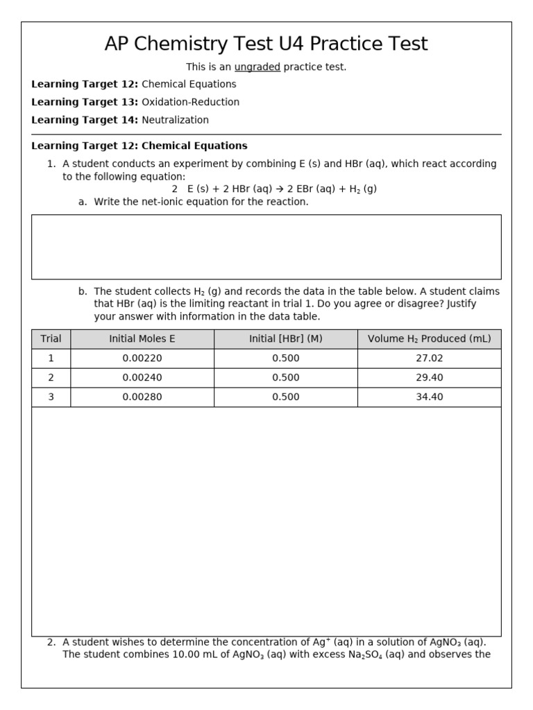 AP Chemistry Practice Test: Chemical Reactions | PDF | Redox | Titration