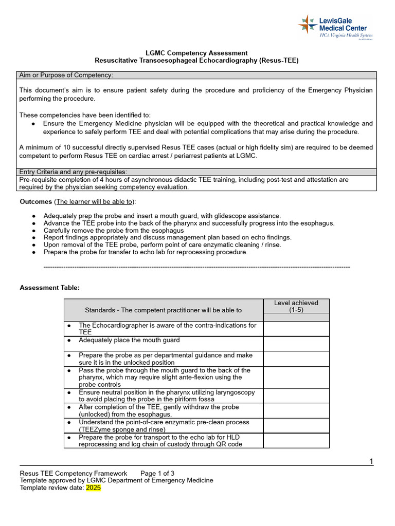 TEE Competency Checklist | PDF | Medical Specialties | Clinical Medicine