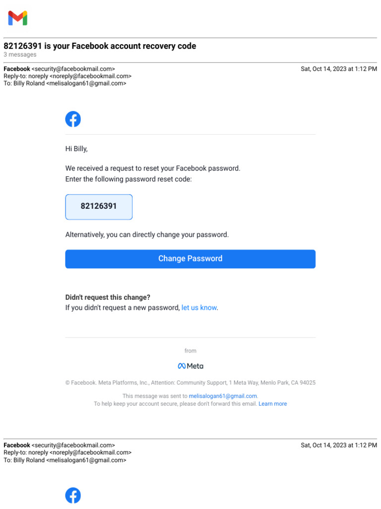 Gmail - Your Facebook Account Recovery Code | PDF | Facebook | Password