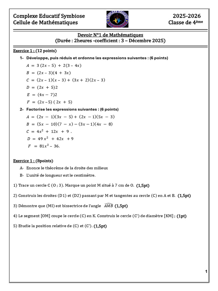 Devoir de Mathématiques 4ème 2025-2026 | PDF