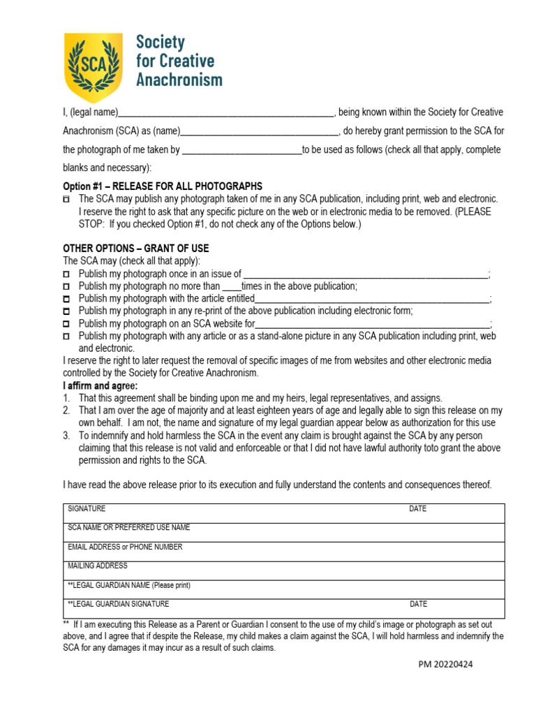 Model-Release-Fillable- Society of Cultural Anachronism. | PDF | Indemnity