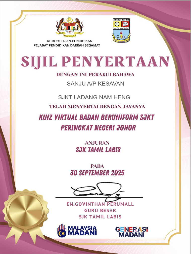 Sijil Penyertaan Sanju A_p Kesavan Sjkt Ladang Nam Heng | PDF