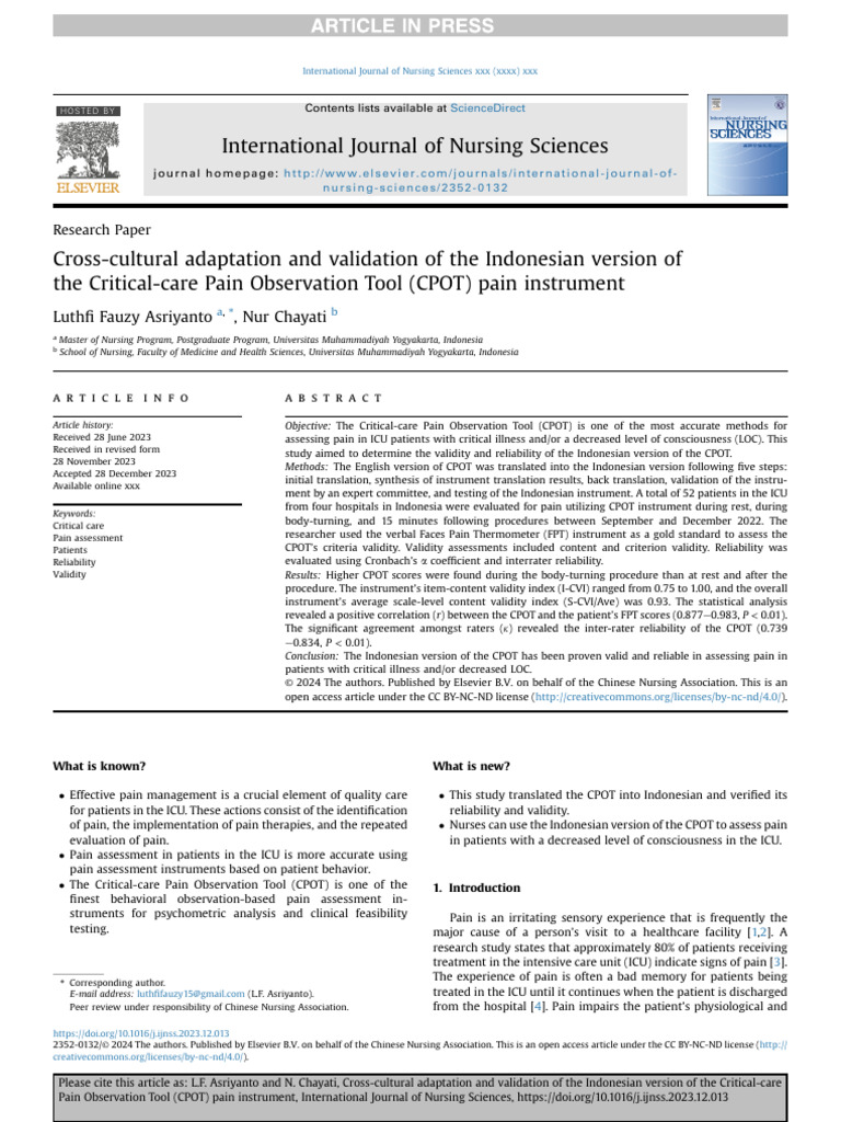 Indonesian CPOT Validation for ICU Pain Assessment | PDF | Validity ...