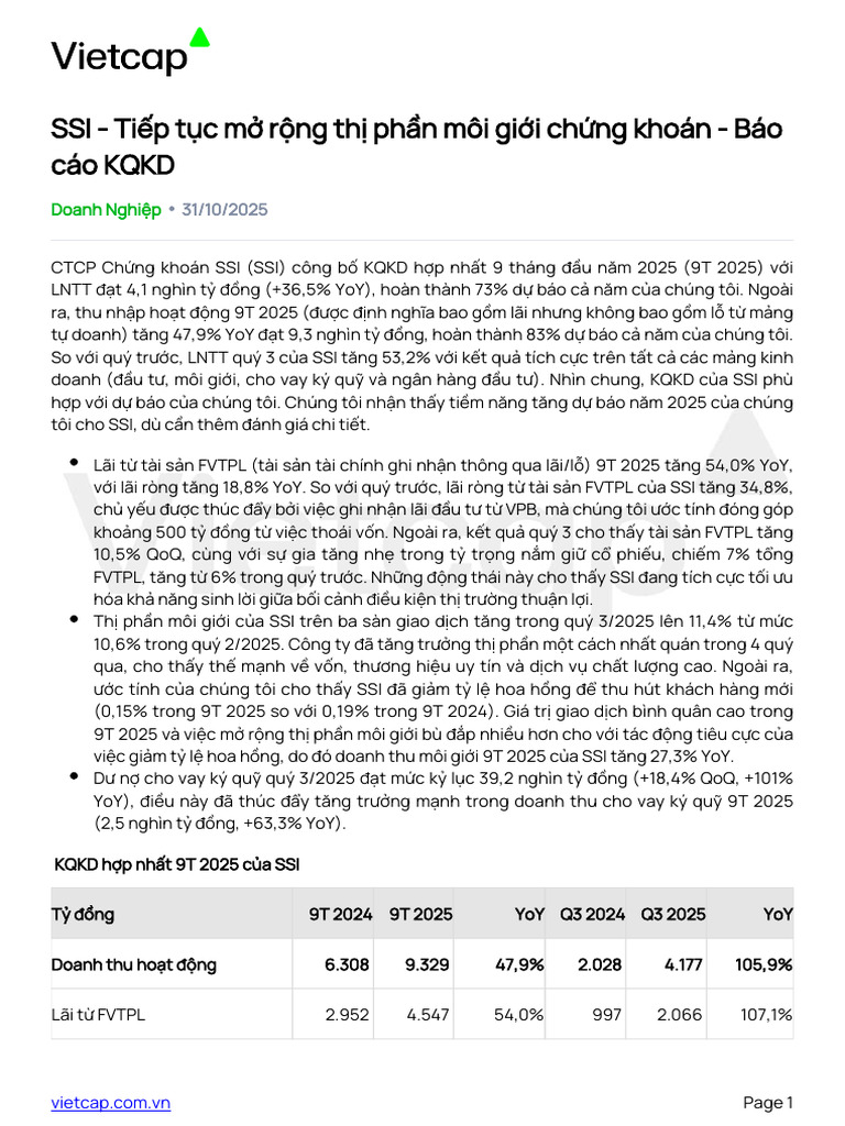 Ssi Tiep Tuc Mo Rong Thi Phan Moi Gioi Chung Khoan Bao Cao KQKD | PDF