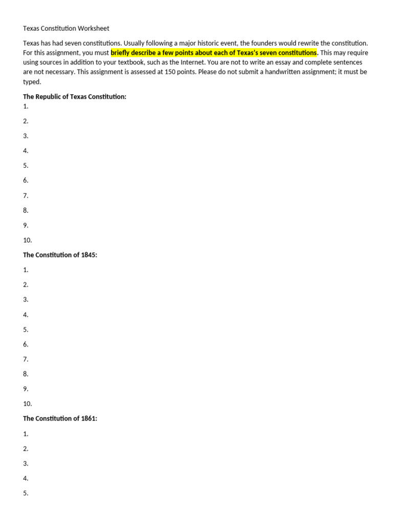 Texas Constitution Worksheet-1 | PDF