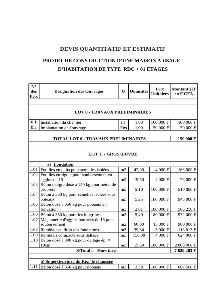 Devis pour construction maison RDC + 1 étage | PDF | Ingénierie des ...