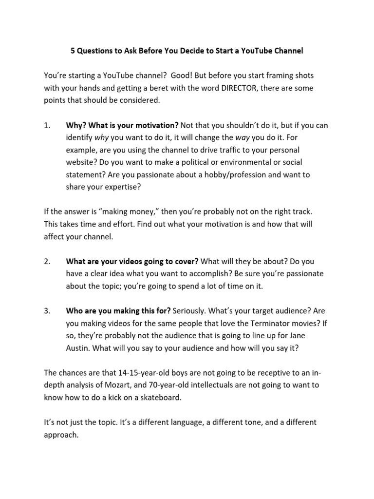 5 Questions To Ask Before You Decide To Start A YouTube Channel | PDF