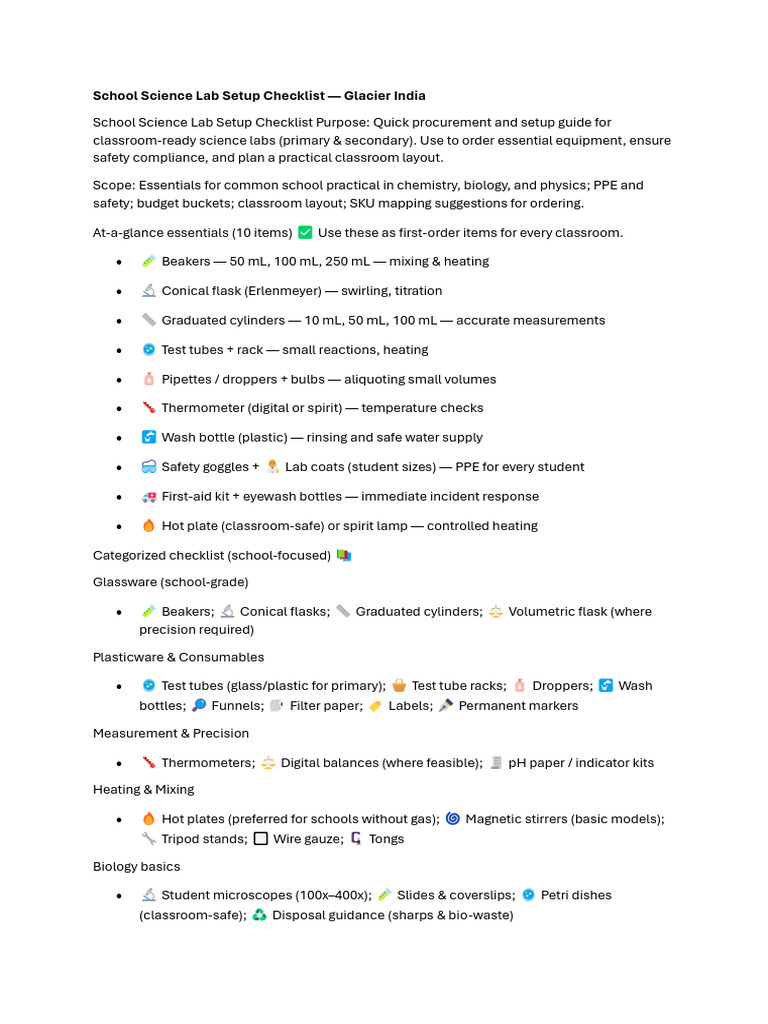 School Science Lab Setup Checklist | PDF