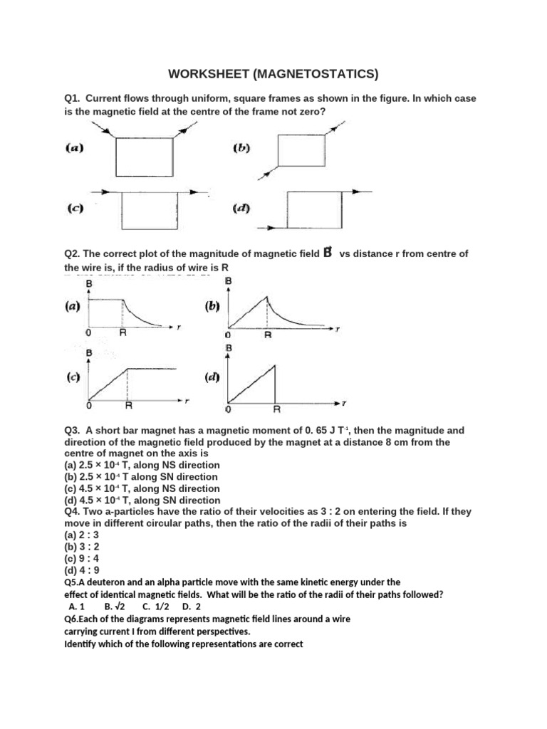 Worksheet (Magnetostatics) | PDF | Magnetic Field | Magnetism