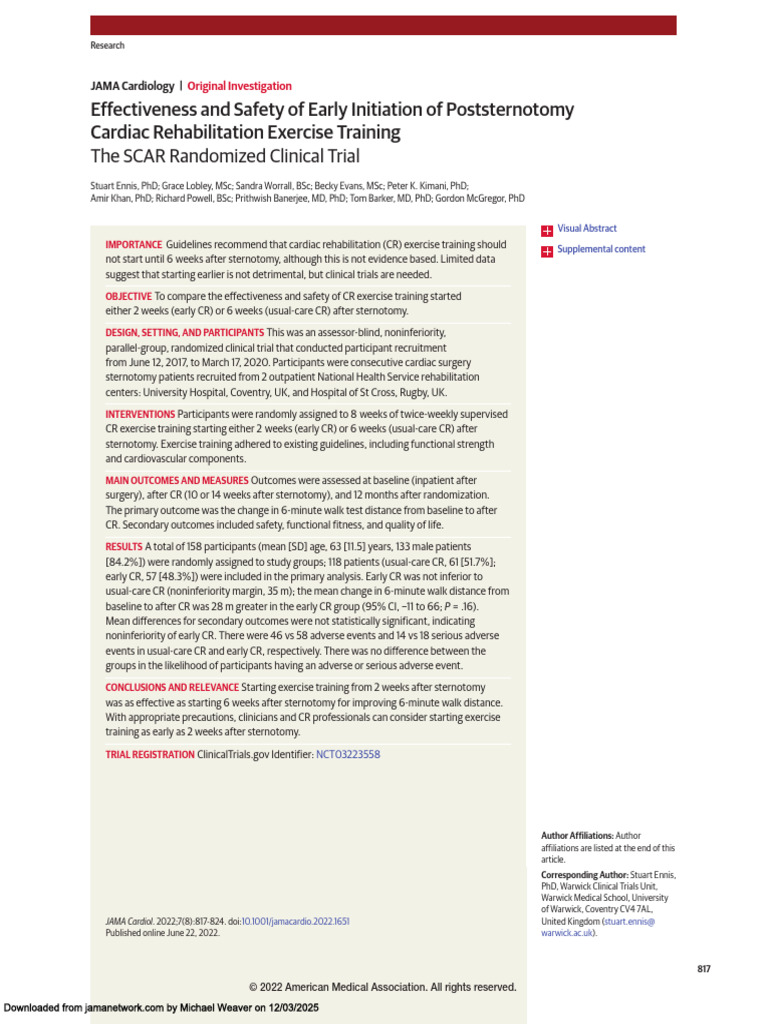 Early Initiation of Cardiac Rehabilitation | PDF | Clinical Trial ...
