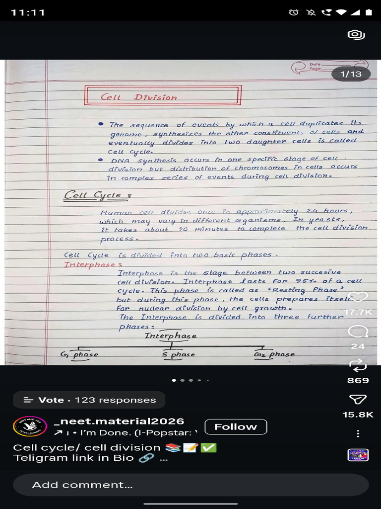 Botany Class 11 Cell Cycle and Division Hand Notes | PDF