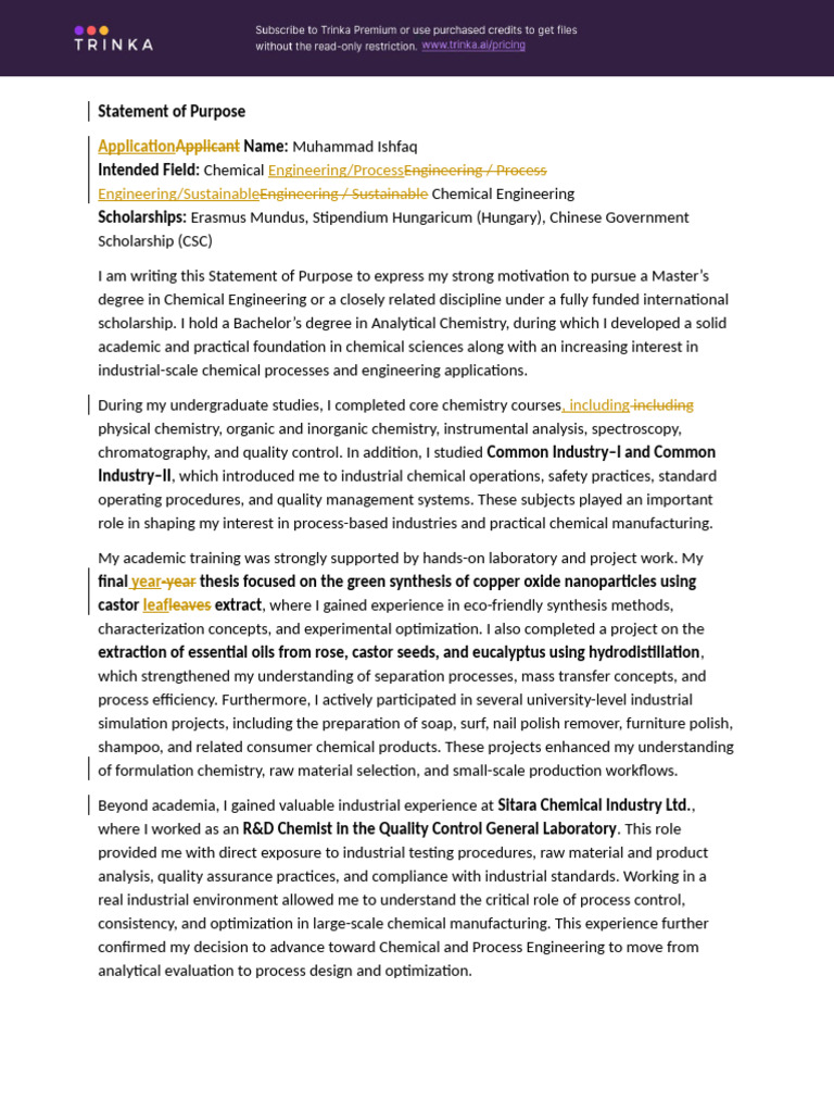 Master's in Chemical Engineering SOP | PDF | Chemistry | Syntax