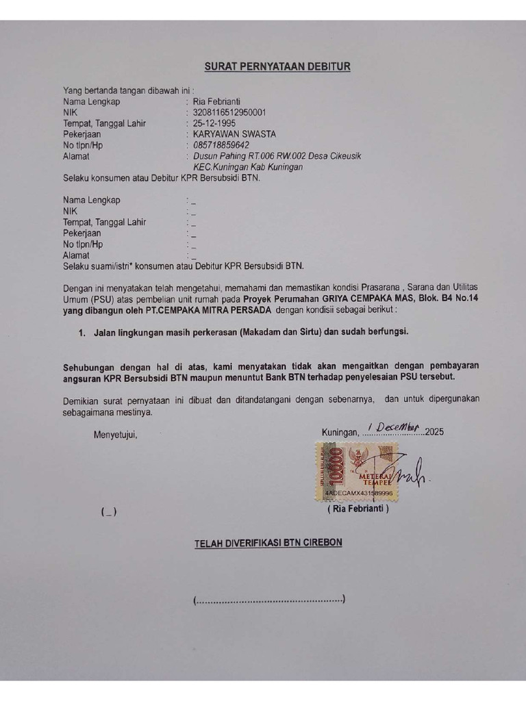 Surat Pernyataan Debitur U Pip | PDF