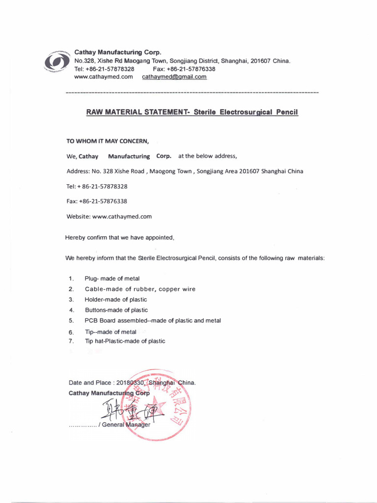 Raw Material Statement for Electrosurgical Pencil | PDF