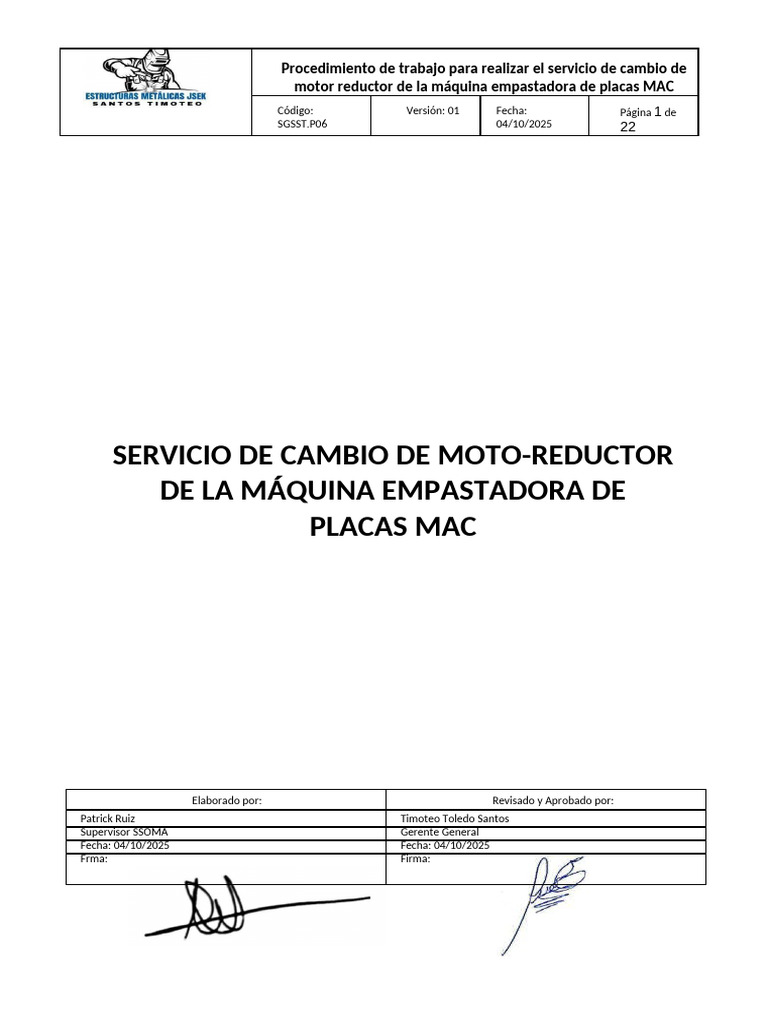 Procedimiento de Trabajo para Realizar El Servicio de Cambio de Motor ...