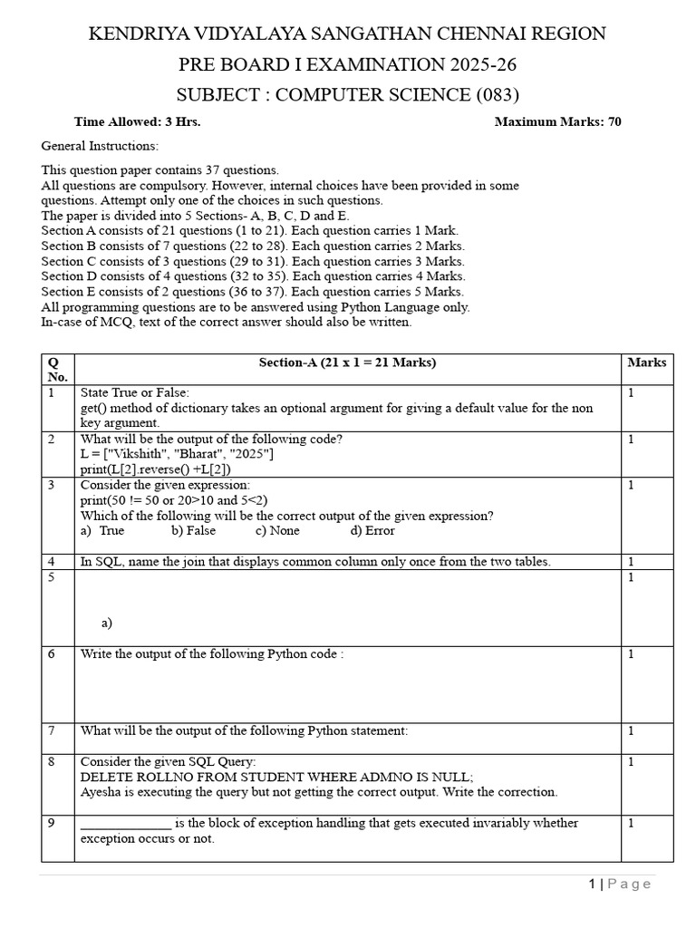 Pb i Class Xii Cs 2025 26 Set Qp | PDF | Computer Network | Table ...