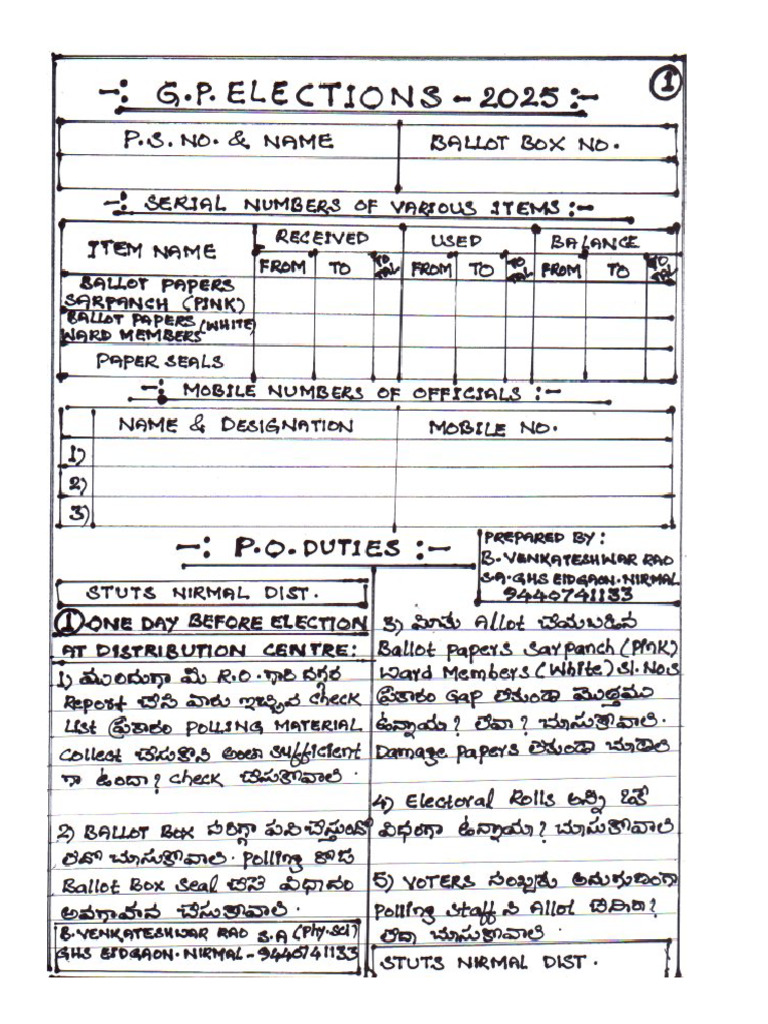 GP Elctns -PO Duty- Ready Reckoner Prpd by B Venkateshwer SA Cell ...