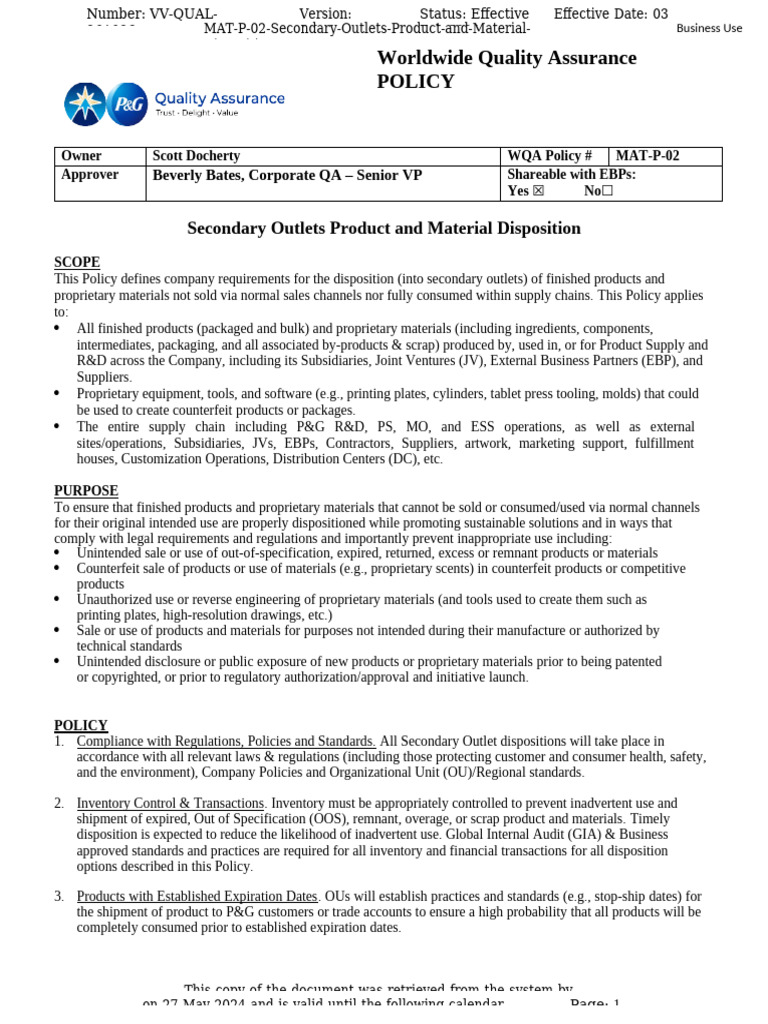 Secondary Outlets Product Disposition Policy | PDF | Waste Management ...