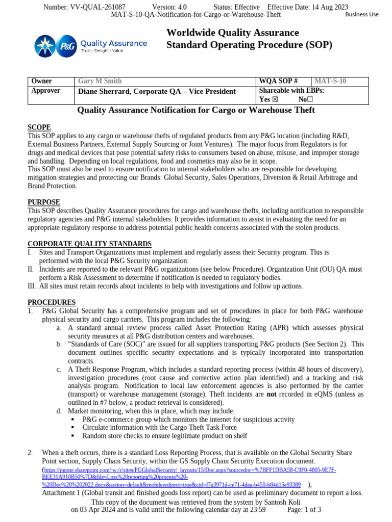 MAT S 10 QA Notification for Cargo or Warehouse Theft | PDF | Medical ...