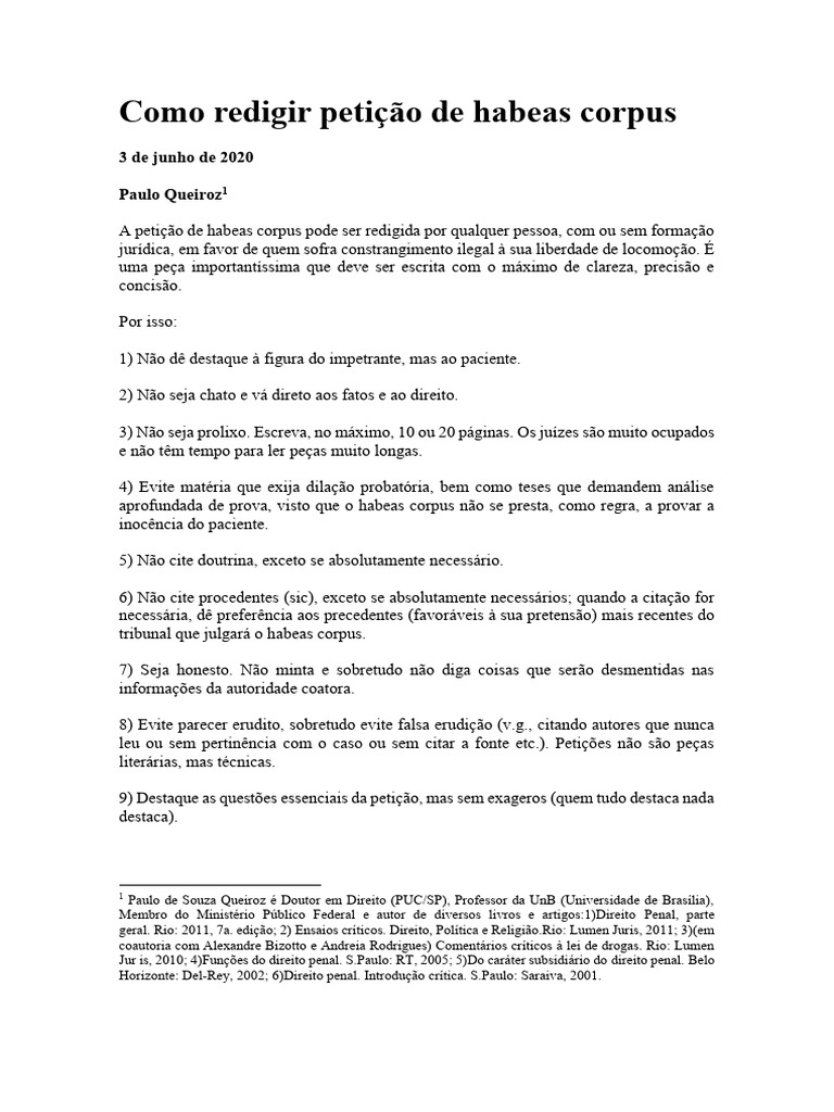 Como redigir petição de habeas corpus | PDF | Habeas corpus | Injunção
