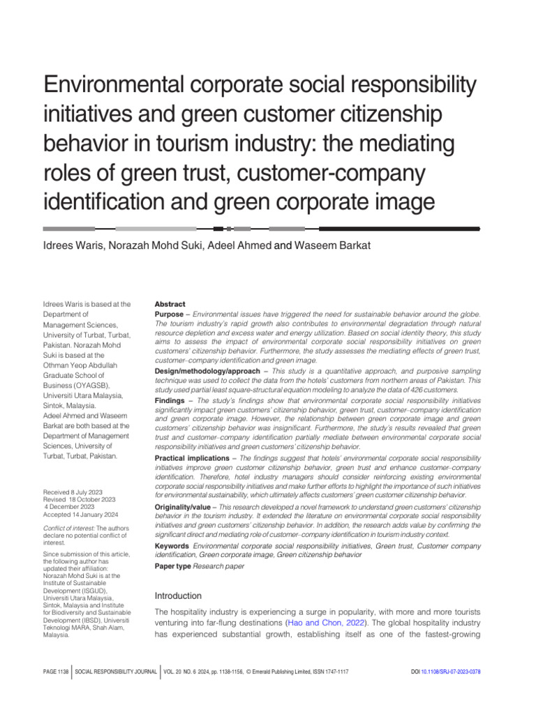 CSR Initiatives and Green Behavior in Tourism | PDF | Corporate Social ...