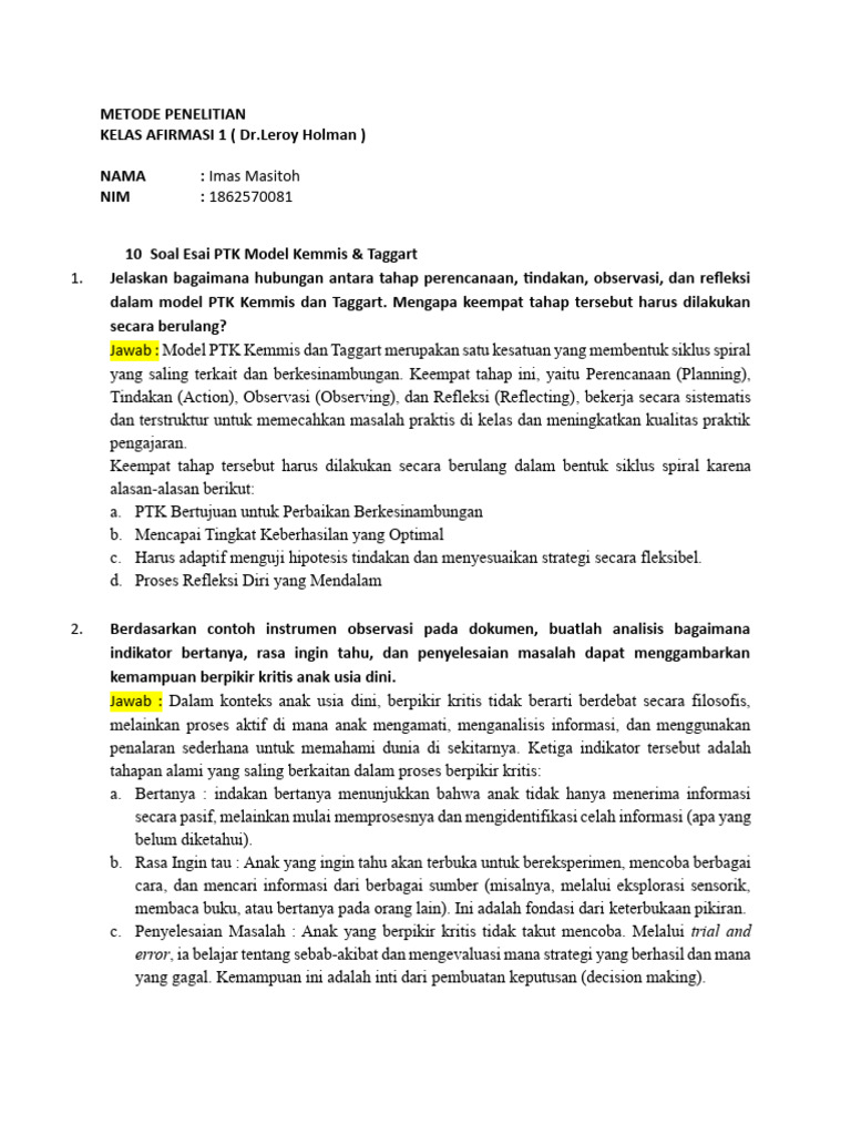 Metode PTK Kemmis & Taggart dalam PAUD | PDF