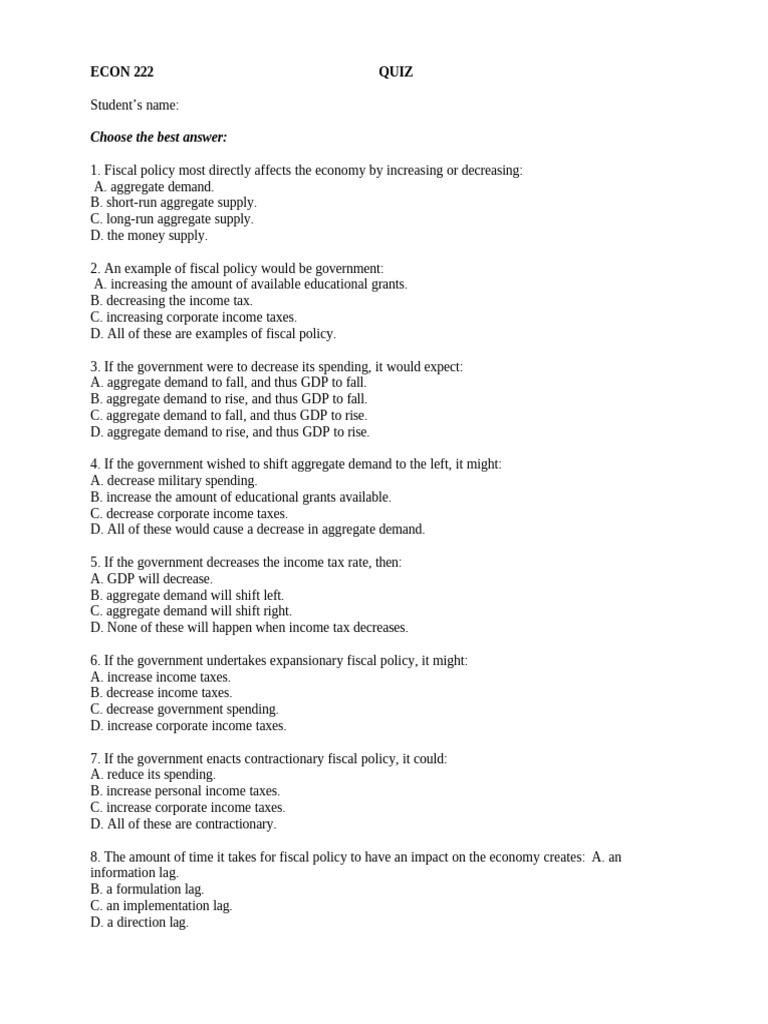 Fiscal Policy Quiz 2023 | PDF | Fiscal Policy | Government Spending