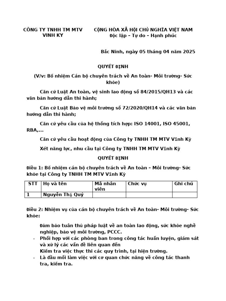 R.quyết Định Bổ Nhiệm Cán Bộ an Toàn Lao Động | PDF