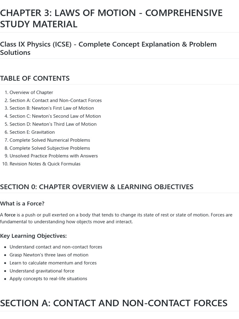 Laws of Motion Study Guide for Class IX | PDF | Force | Weight