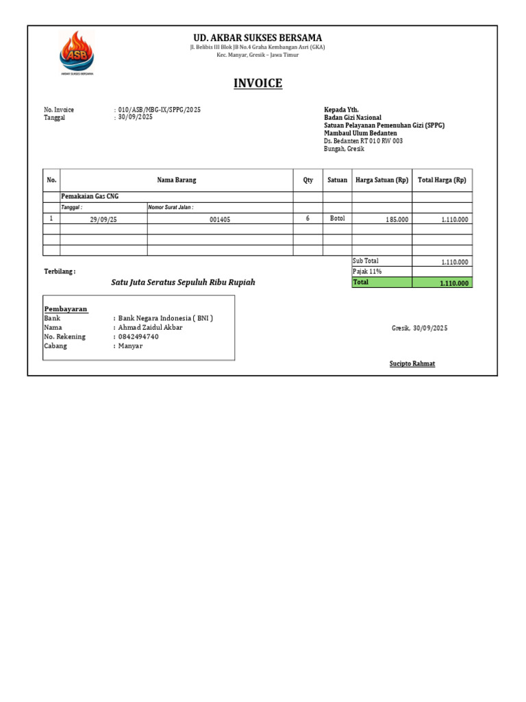 Invoice Pembelian Gas CNG Gresik | PDF