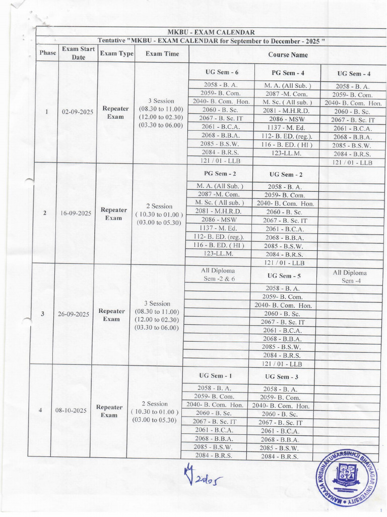 Tentative Exam Schedule 2025 26 | PDF